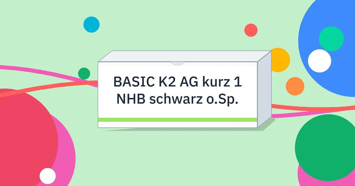 Symbolbild: Packung mit der Aufschrift BASIC K2 AG kurz 1 NHB schwarz o.Sp. (PZN 20266071) – Verfügbarkeit und Bezug in Apotheken in Frankfurt am Main