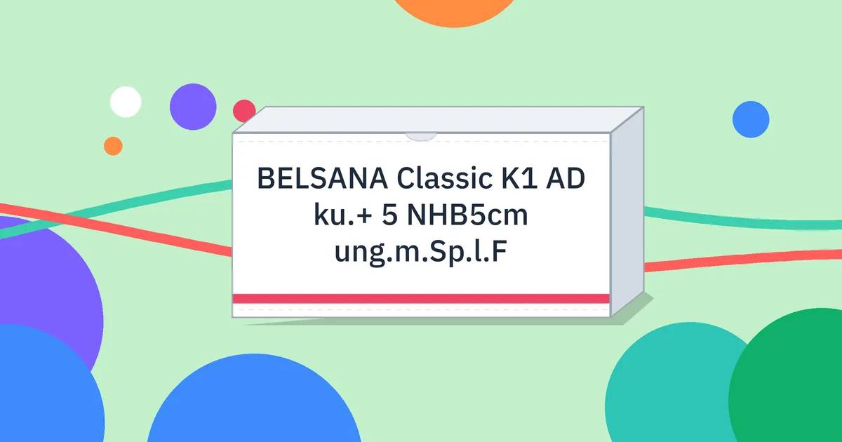 Symbolbild: Packung mit der Aufschrift BELSANA Classic K1 AD ku.+ 5 NHB5cm ung.m.Sp.l.F (PZN 19256989) – Verfügbarkeit und Bezug in Apotheken in Frankfurt am Main