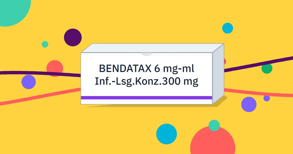 Symbolbild: Packung mit der Aufschrift BENDATAX 6 mg-ml Inf.-Lsg.Konz.300 mg (PZN 06443721) – Verfügbarkeit und Bezug in Apotheken in Frankfurt am Main