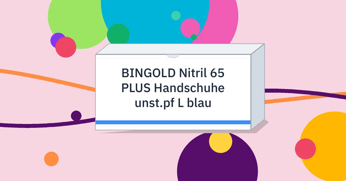 Symbolbild: Packung mit der Aufschrift BINGOLD Nitril 65 PLUS Handschuhe unst.pf L blau (PZN 17384298) – Verfügbarkeit und Bezug in Apotheken in Frankfurt am Main