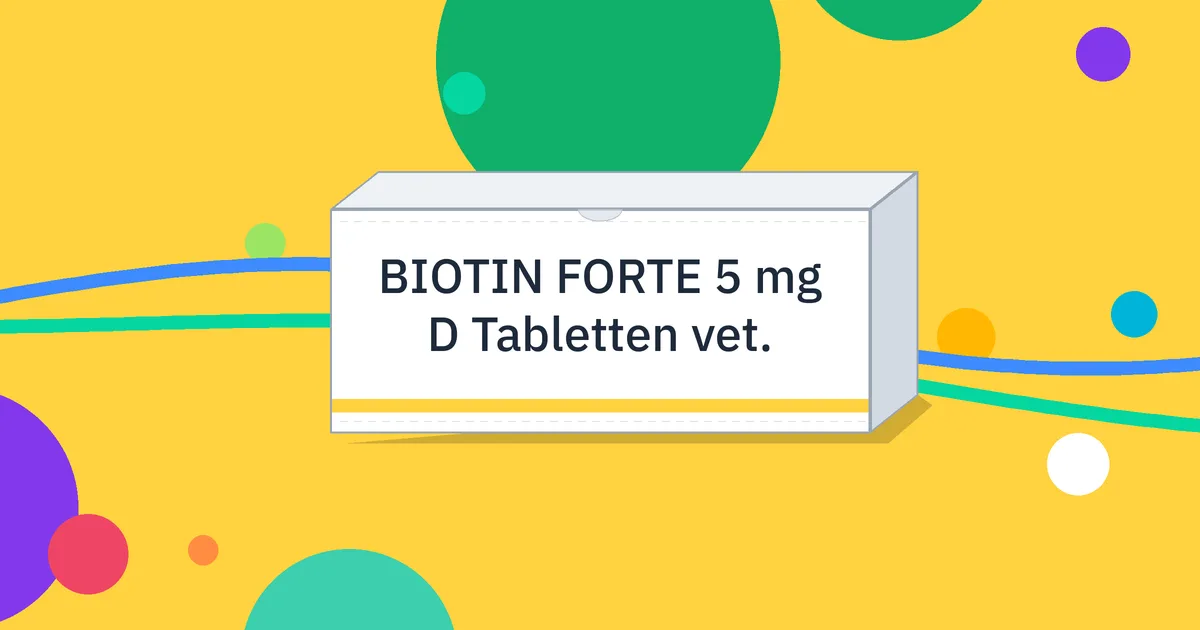 Symbolbild: Packung mit der Aufschrift BIOTIN FORTE 5 mg D Tabletten vet. (PZN 02379073) – Verfügbarkeit und Bezug in Apotheken in Frankfurt am Main