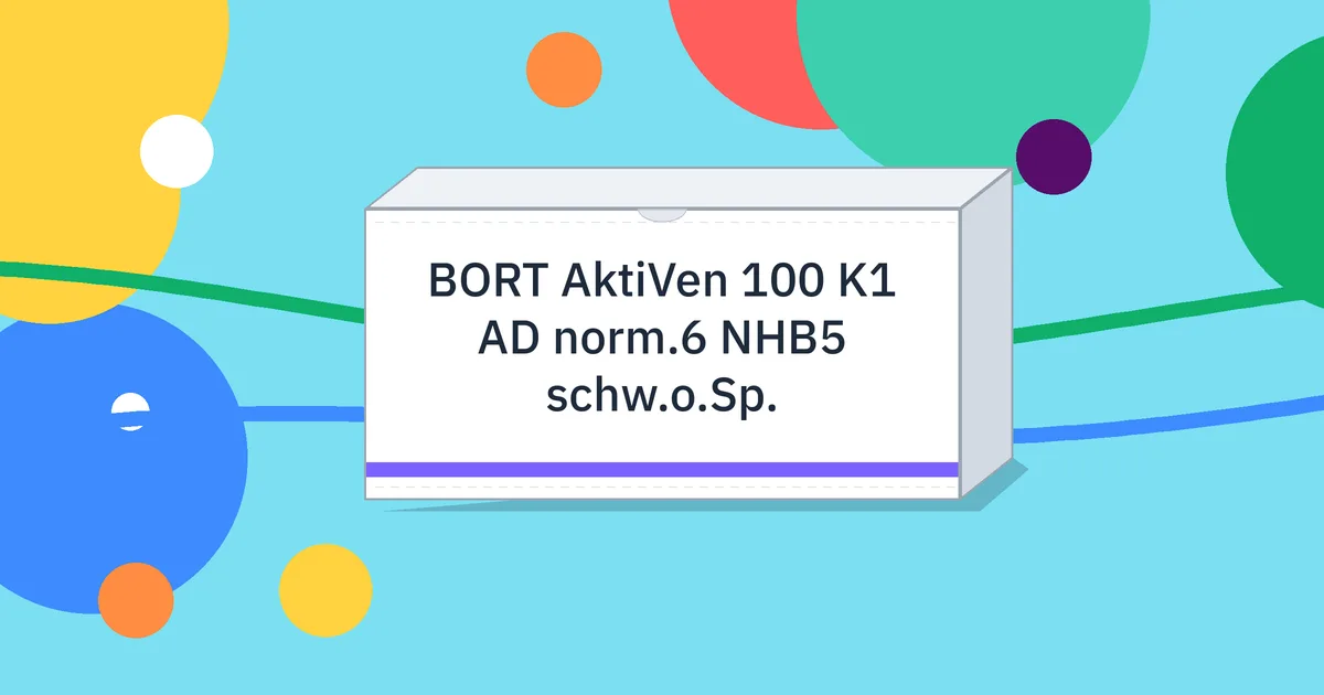 Symbolbild: Packung mit der Aufschrift BORT AktiVen 100 K1 AD norm.6 NHB5 schw.o.Sp. (PZN 17497246) – Verfügbarkeit und Bezug in Apotheken in Frankfurt am Main