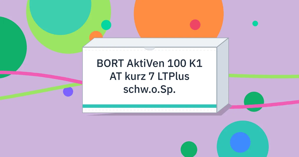 Symbolbild: Packung mit der Aufschrift BORT AktiVen 100 K1 AT kurz 7 LTPlus schw.o.Sp. (PZN 18175846) – Verfügbarkeit und Bezug in Apotheken in Frankfurt am Main