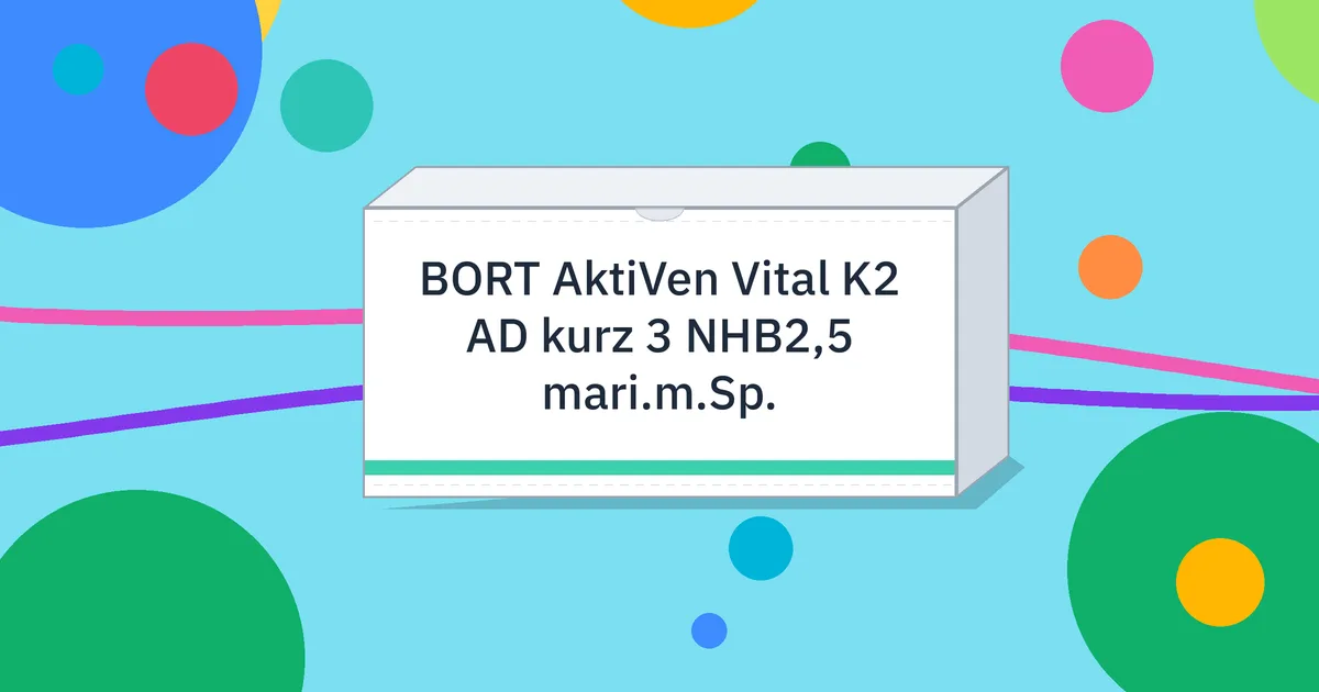 Symbolbild: Packung mit der Aufschrift BORT AktiVen Vital K2 AD kurz 3 NHB2,5 mari.m.Sp. (PZN 17499506) – Verfügbarkeit und Bezug in Apotheken in Frankfurt am Main