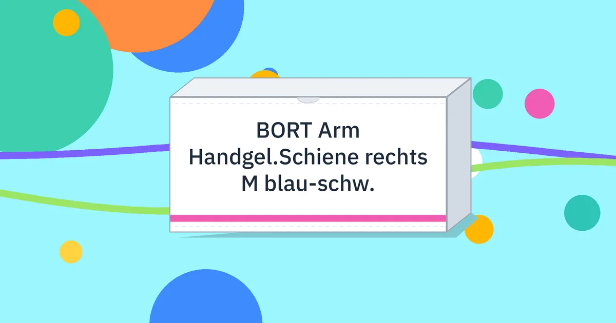 Symbolbild: Packung mit der Aufschrift BORT Arm Handgel.Schiene rechts M blau-schw. (PZN 04196000) – Verfügbarkeit und Bezug in Apotheken in Frankfurt am Main