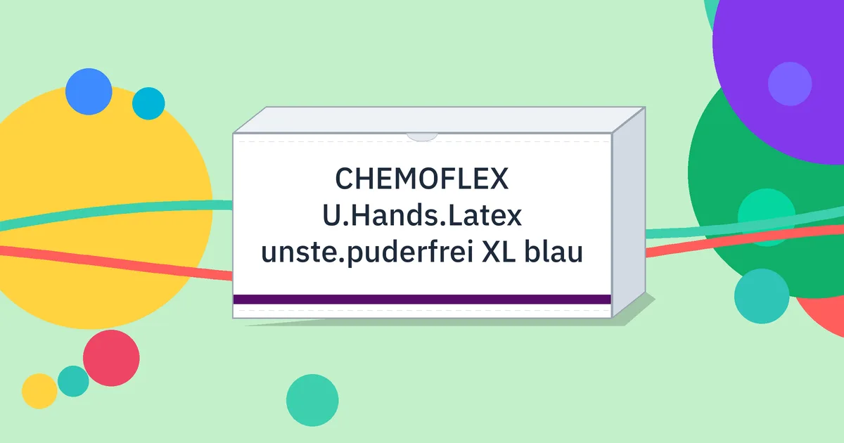 Symbolbild: Packung mit der Aufschrift CHEMOFLEX U.Hands.Latex unste.puderfrei XL blau (PZN 18601680) – Verfügbarkeit und Bezug in Apotheken in Frankfurt am Main