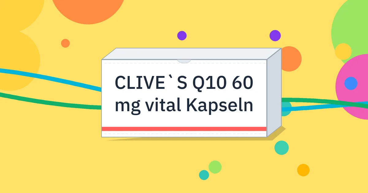 Symbolbild: Packung mit der Aufschrift CLIVE`S Q10 60 mg vital Kapseln (PZN 11856336) – Verfügbarkeit und Bezug in Apotheken in Frankfurt am Main