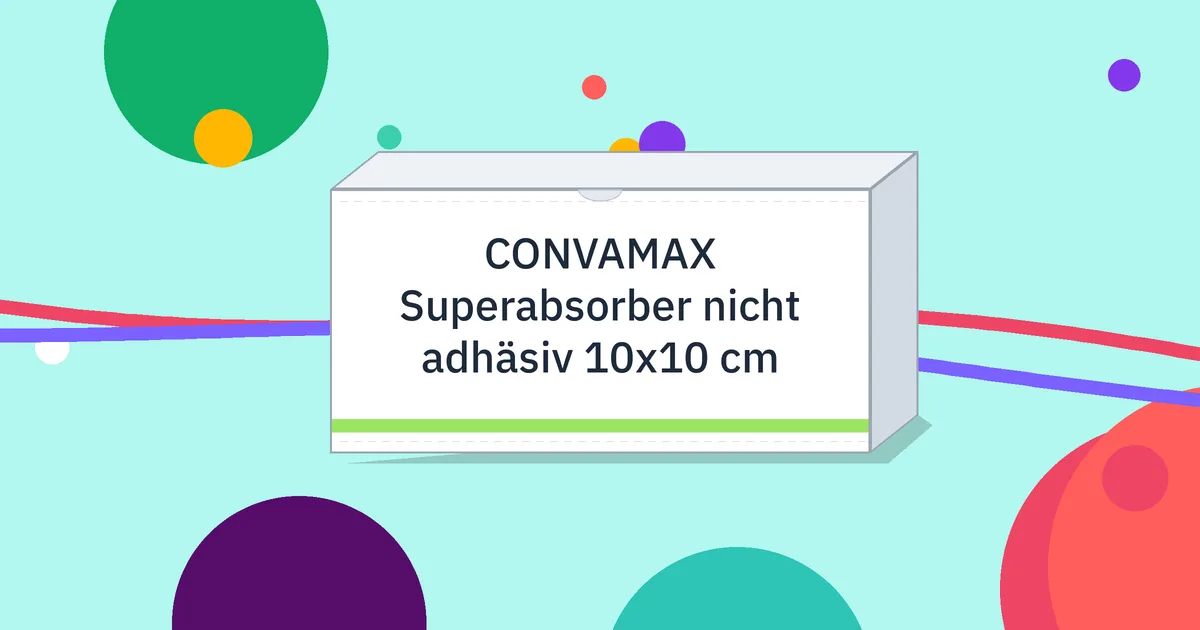 Symbolbild: Packung mit der Aufschrift CONVAMAX Superabsorber nicht adhäsiv 10x10 cm (PZN 19294091) – Verfügbarkeit und Bezug in Apotheken in Frankfurt am Main