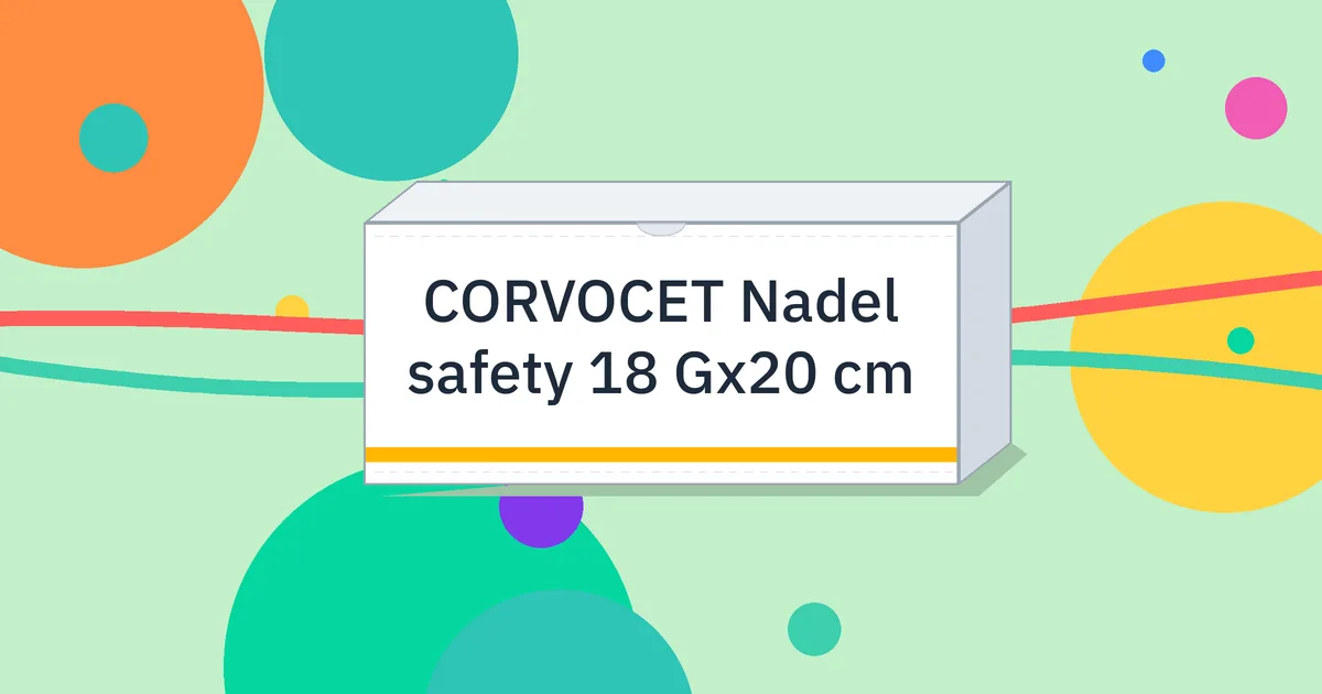 Symbolbild: Packung mit der Aufschrift CORVOCET Nadel safety 18 Gx20 cm (PZN 18764407) – Verfügbarkeit und Bezug in Apotheken in Frankfurt am Main