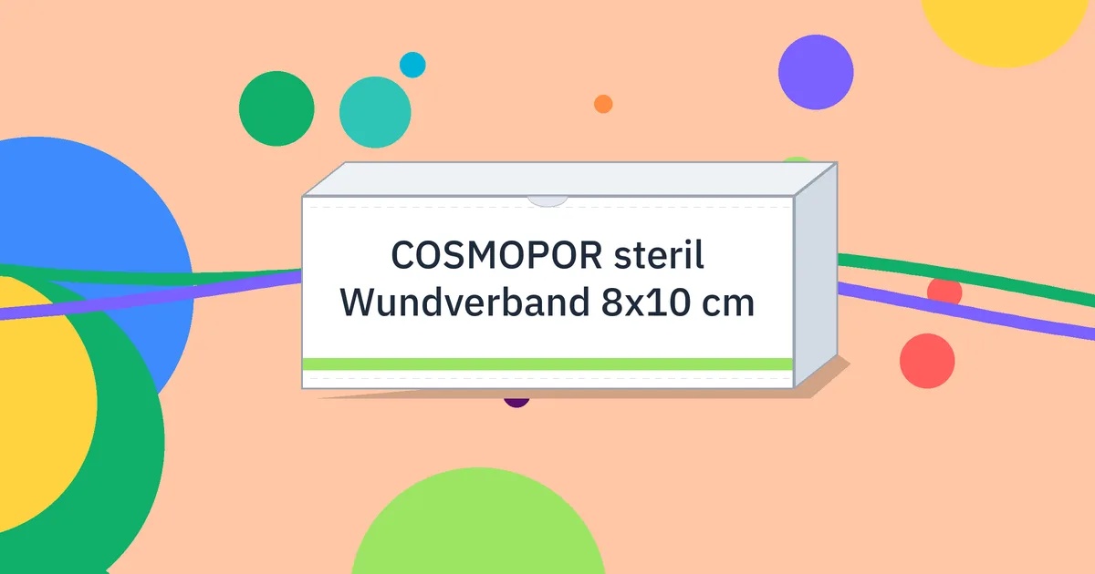 Symbolbild: Packung mit der Aufschrift COSMOPOR steril Wundverband 8x10 cm (PZN 18363051) – Verfügbarkeit und Bezug in Apotheken in Frankfurt am Main