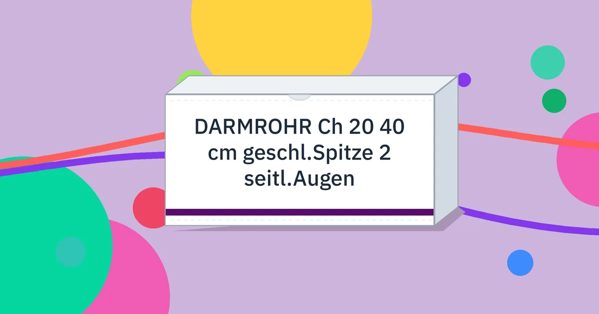 Symbolbild: Packung mit der Aufschrift DARMROHR Ch 20 40 cm geschl.Spitze 2 seitl.Augen (PZN 09091961) – Verfügbarkeit und Bezug in Apotheken in Frankfurt am Main