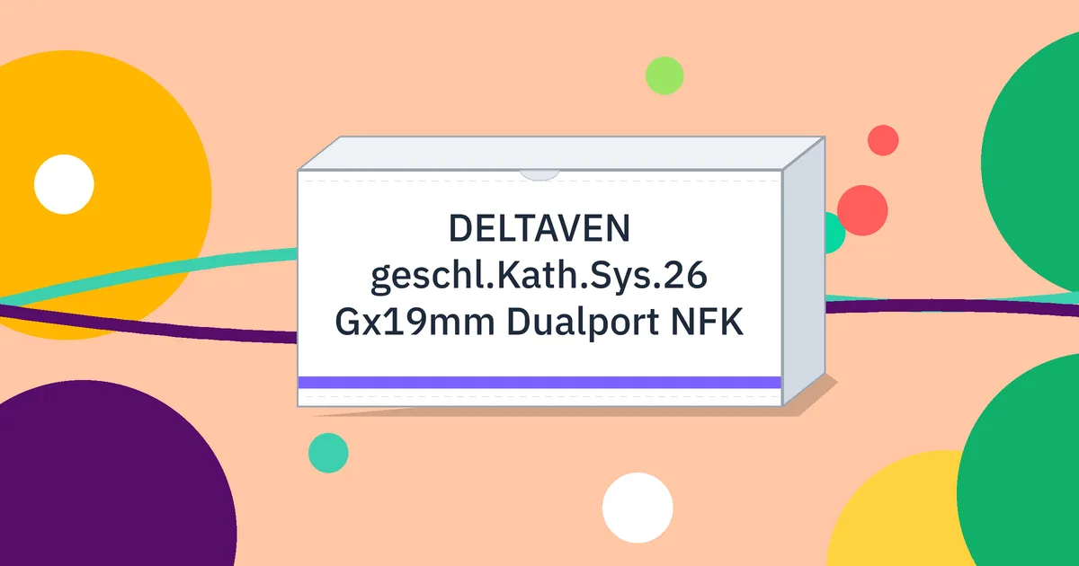 Symbolbild: Packung mit der Aufschrift DELTAVEN geschl.Kath.Sys.26 Gx19mm Dualport NFK (PZN 13977676) – Verfügbarkeit und Bezug in Apotheken in Frankfurt am Main