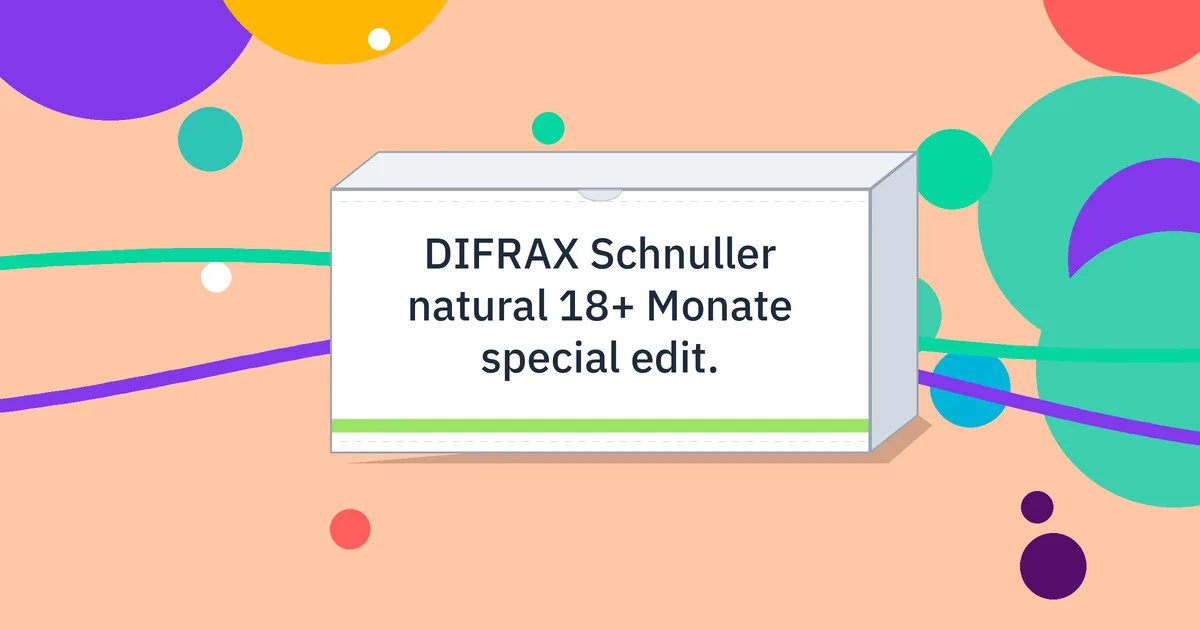 Symbolbild: Packung mit der Aufschrift DIFRAX Schnuller natural 18+ Monate special edit. (PZN 12517665) – Verfügbarkeit und Bezug in Apotheken in Frankfurt am Main