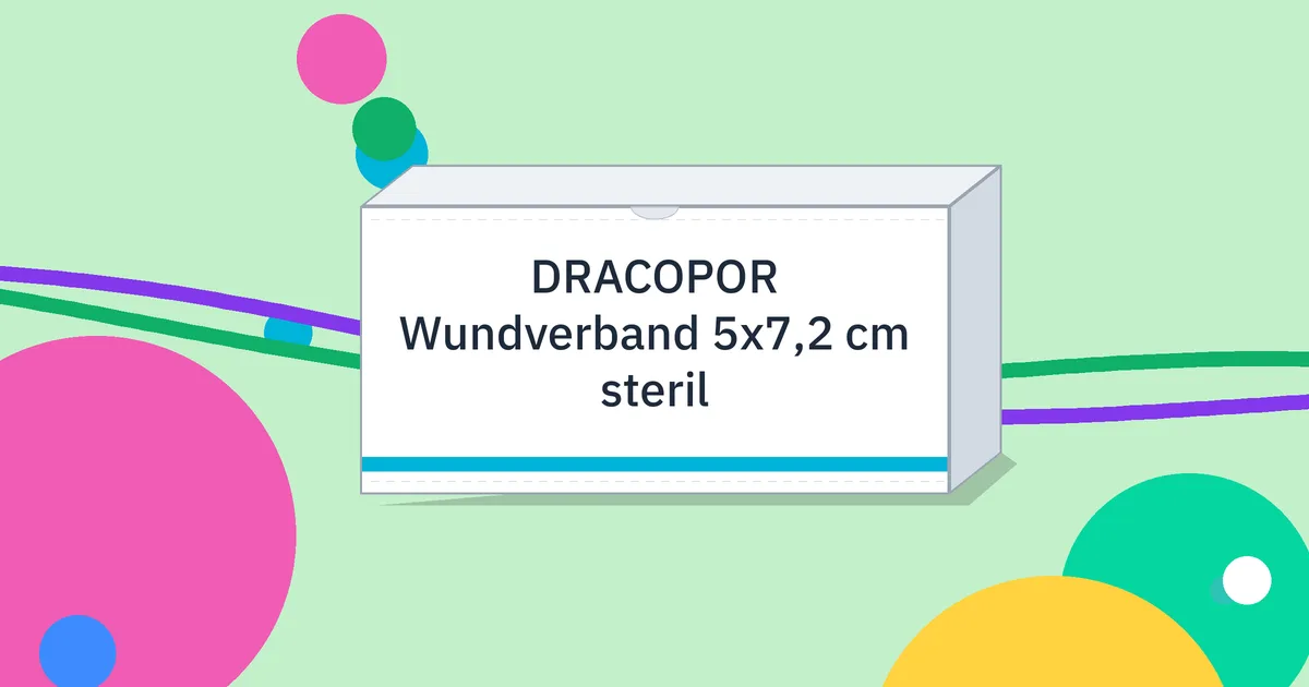 Symbolbild: Packung mit der Aufschrift DRACOPOR Wundverband 5x7,2 cm steril (PZN 02027032) – Verfügbarkeit und Bezug in Apotheken in Frankfurt am Main