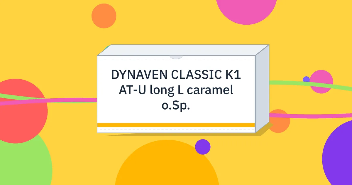 Symbolbild: Packung mit der Aufschrift DYNAVEN CLASSIC K1 AT-U long L caramel o.Sp. (PZN 18416706) – Verfügbarkeit und Bezug in Apotheken in Frankfurt am Main
