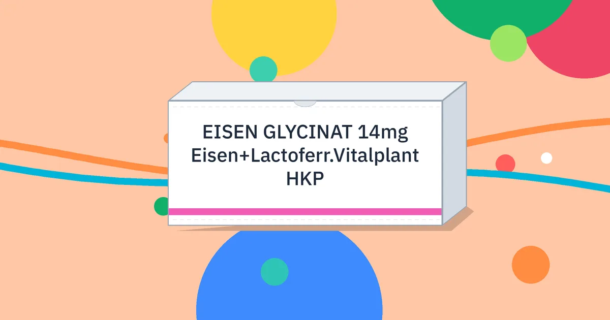Symbolbild: Packung mit der Aufschrift EISEN GLYCINAT 14mg Eisen+Lactoferr.Vitalplant HKP (PZN 20869013) – Verfügbarkeit und Bezug in Apotheken in Frankfurt am Main
