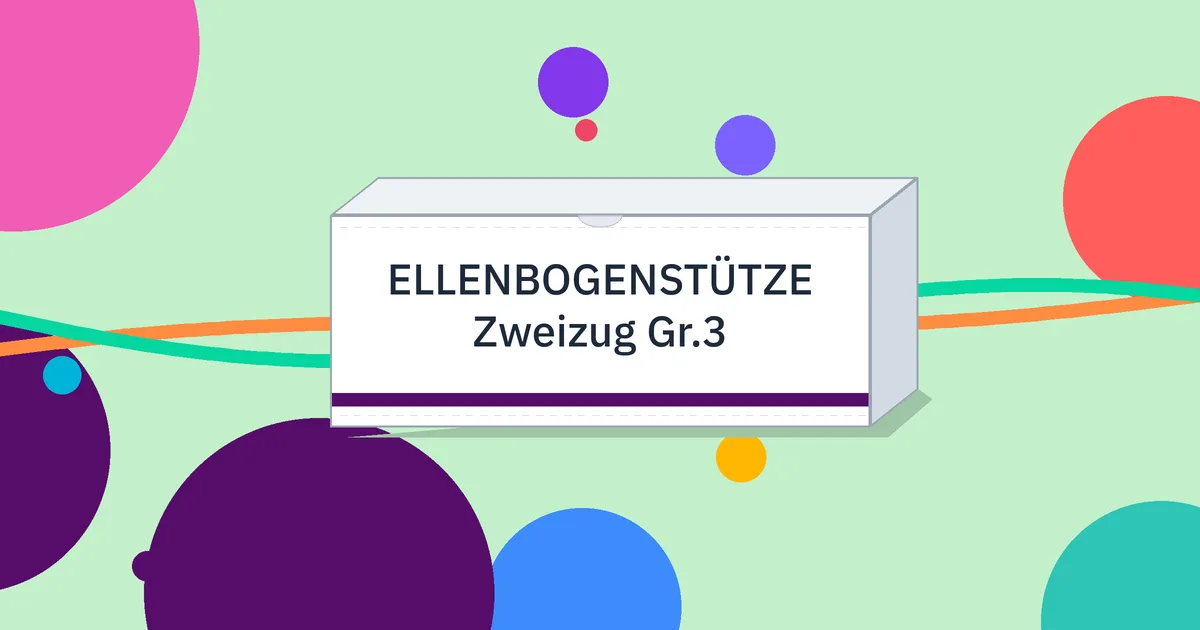 Symbolbild: Packung mit der Aufschrift ELLENBOGENSTÜTZE Zweizug Gr.3 (PZN 02008170) – Verfügbarkeit und Bezug in Apotheken in Frankfurt am Main