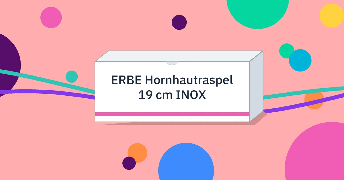 Symbolbild: Packung mit der Aufschrift ERBE Hornhautraspel 19 cm INOX (PZN 20052772) – Verfügbarkeit und Bezug in Apotheken in Frankfurt am Main