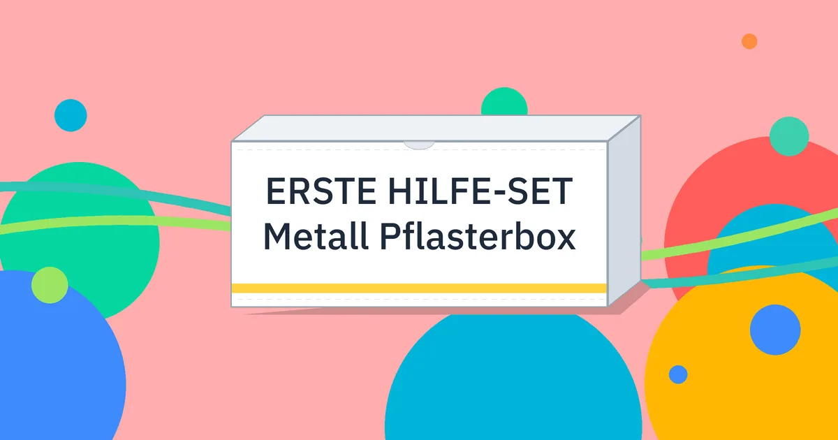 Symbolbild: Packung mit der Aufschrift ERSTE HILFE-SET Metall Pflasterbox (PZN 14262790) – Verfügbarkeit und Bezug in Apotheken in Frankfurt am Main