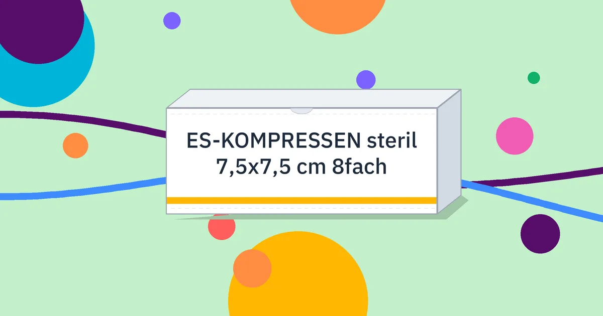 Symbolbild: Packung mit der Aufschrift ES-KOMPRESSEN steril 7,5x7,5 cm 8fach (PZN 00431912) – Verfügbarkeit und Bezug in Apotheken in Frankfurt am Main