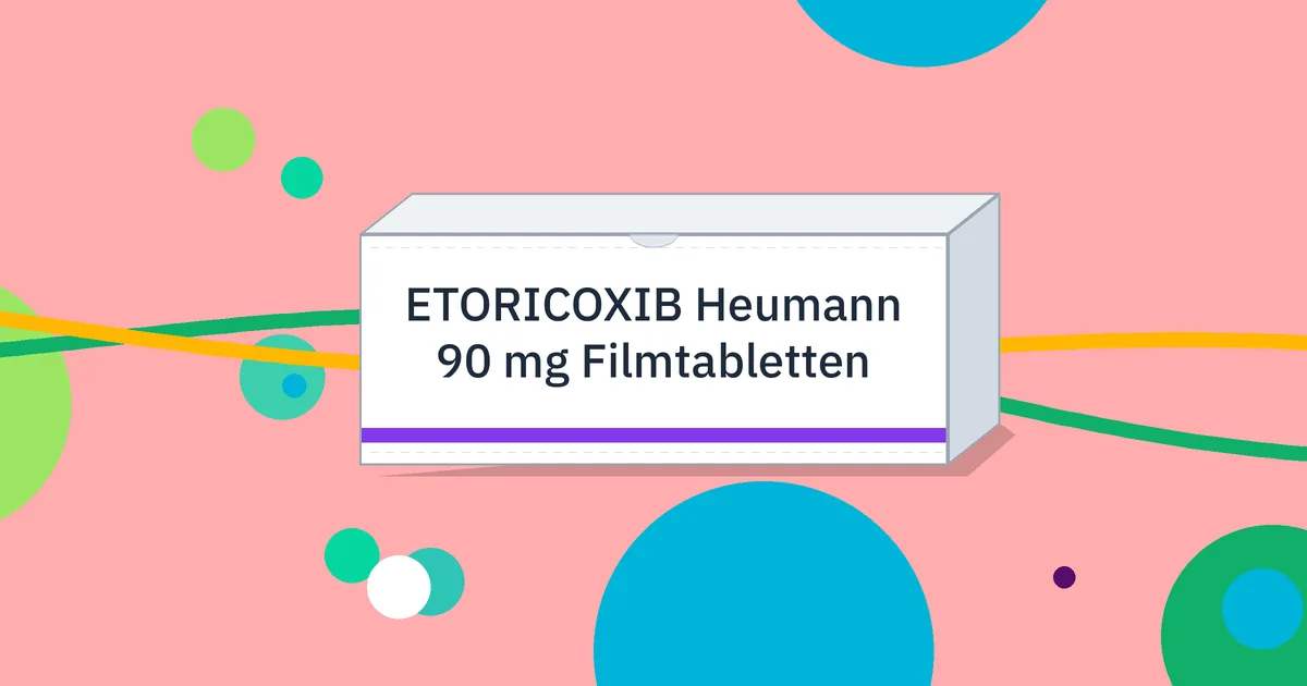 Symbolbild: Packung mit der Aufschrift ETORICOXIB Heumann 90 mg Filmtabletten (PZN 12545176) – Verfügbarkeit und Bezug in Apotheken in Frankfurt am Main