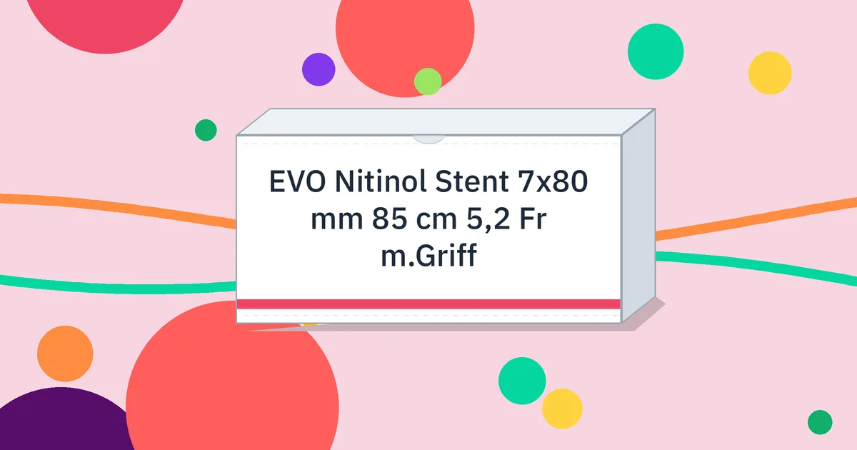 Symbolbild: Packung mit der Aufschrift EVO Nitinol Stent 7x80 mm 85 cm 5,2 Fr m.Griff (PZN 00223361) – Verfügbarkeit und Bezug in Apotheken in Frankfurt am Main