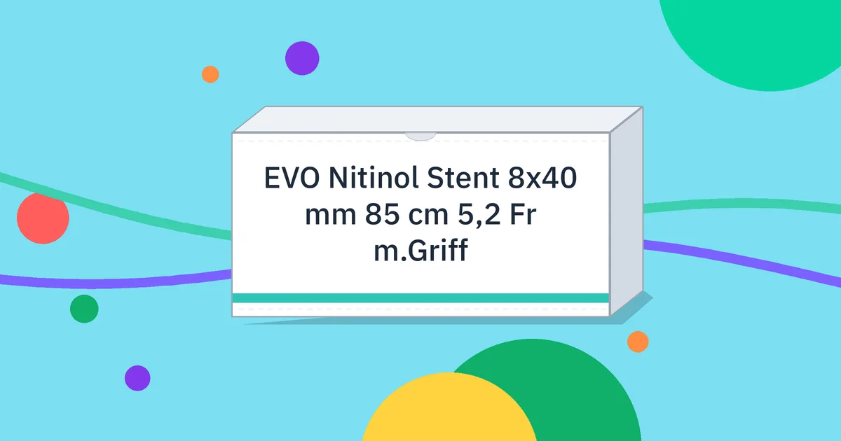 Symbolbild: Packung mit der Aufschrift EVO Nitinol Stent 8x40 mm 85 cm 5,2 Fr m.Griff (PZN 00223384) – Verfügbarkeit und Bezug in Apotheken in Frankfurt am Main