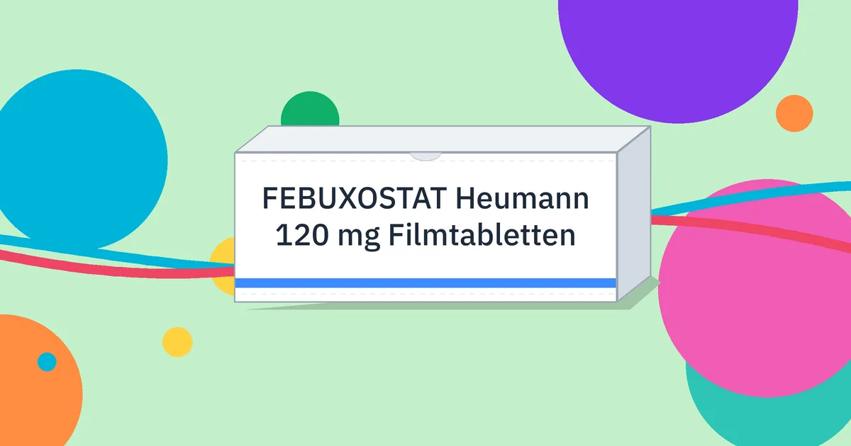 Symbolbild: Packung mit der Aufschrift FEBUXOSTAT Heumann 120 mg Filmtabletten (PZN 14215069) – Verfügbarkeit und Bezug in Apotheken in Frankfurt am Main