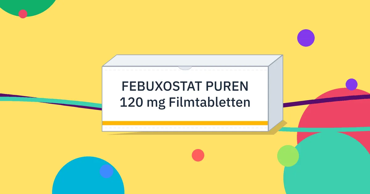 Symbolbild: Packung mit der Aufschrift FEBUXOSTAT PUREN 120 mg Filmtabletten (PZN 14304608) – Verfügbarkeit und Bezug in Apotheken in Frankfurt am Main