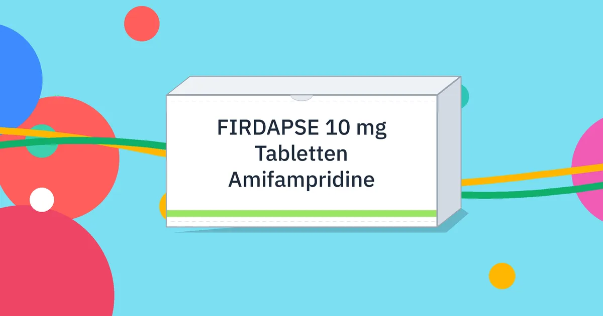 Symbolbild: Packung mit der Aufschrift FIRDAPSE 10 mg Tabletten Amifampridine (PZN 19826369) – Verfügbarkeit und Bezug in Apotheken in Frankfurt am Main
