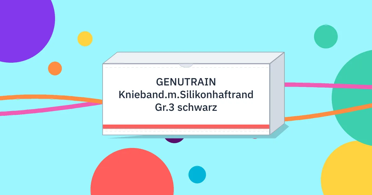 Symbolbild: Packung mit der Aufschrift GENUTRAIN Knieband.m.Silikonhaftrand Gr.3 schwarz (PZN 10213079) – Verfügbarkeit und Bezug in Apotheken in Frankfurt am Main
