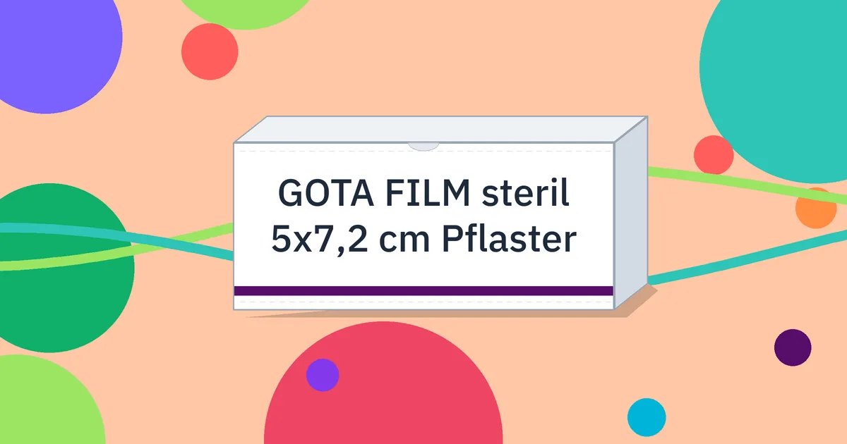 Symbolbild: Packung mit der Aufschrift GOTA FILM steril 5x7,2 cm Pflaster (PZN 04442404) – Verfügbarkeit und Bezug in Apotheken in Frankfurt am Main