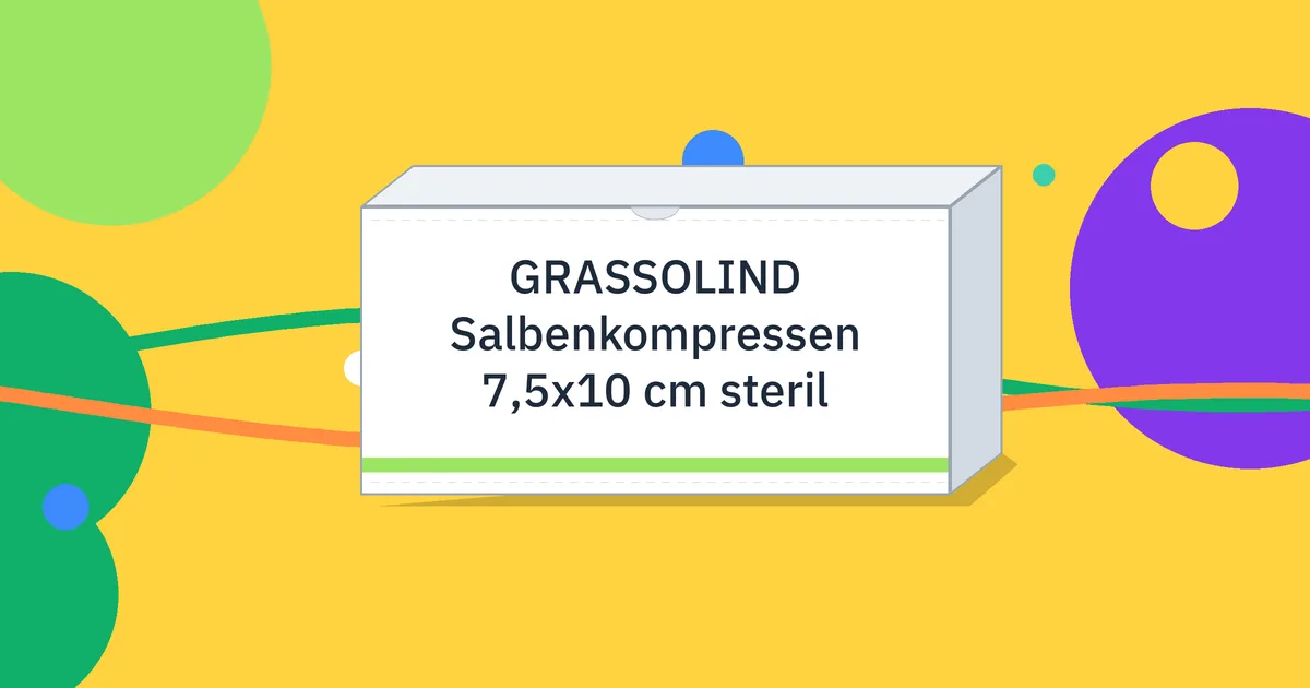 Symbolbild: Packung mit der Aufschrift GRASSOLIND Salbenkompressen 7,5x10 cm steril (PZN 12729321) – Verfügbarkeit und Bezug in Apotheken in Frankfurt am Main