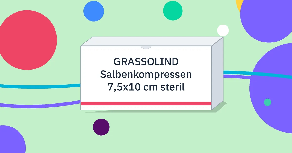 Symbolbild: Packung mit der Aufschrift GRASSOLIND Salbenkompressen 7,5x10 cm steril (PZN 16516349) – Verfügbarkeit und Bezug in Apotheken in Frankfurt am Main
