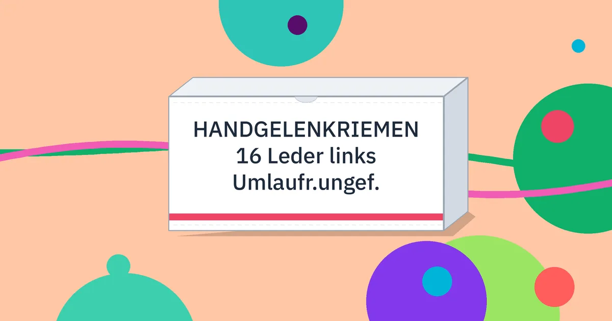 Symbolbild: Packung mit der Aufschrift HANDGELENKRIEMEN 16 Leder links Umlaufr.ungef. (PZN 03230574) – Verfügbarkeit und Bezug in Apotheken in Frankfurt am Main