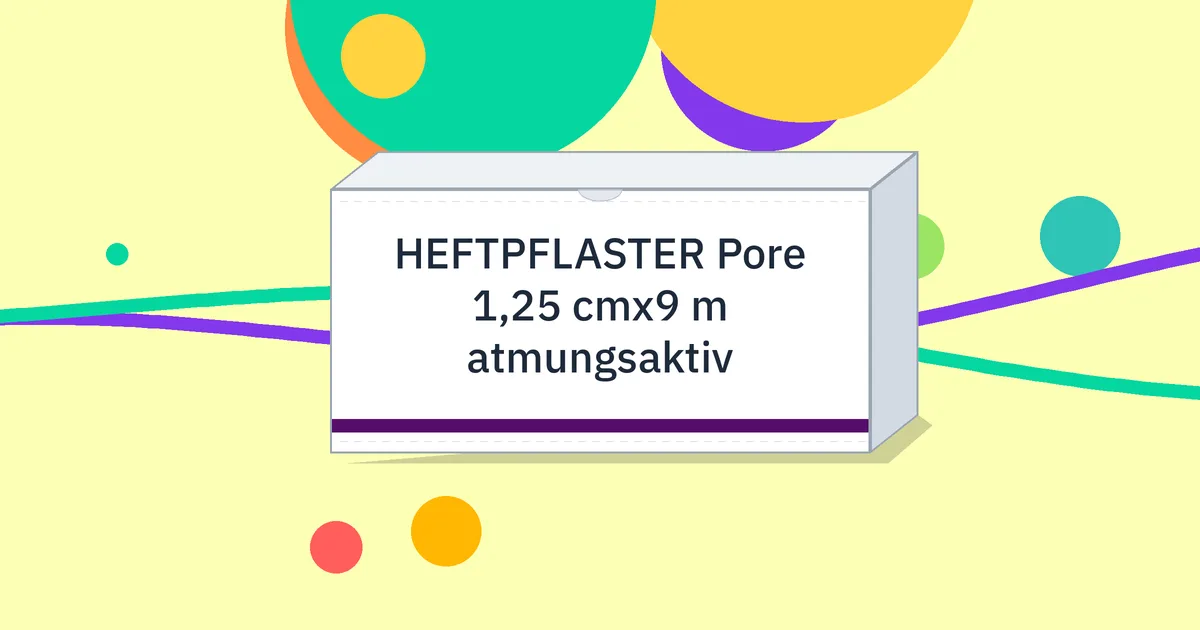 Symbolbild: Packung mit der Aufschrift HEFTPFLASTER Pore 1,25 cmx9 m atmungsaktiv (PZN 11224346) – Verfügbarkeit und Bezug in Apotheken in Frankfurt am Main