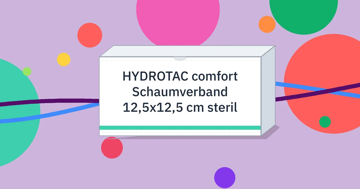 Symbolbild: Packung mit der Aufschrift HYDROTAC comfort Schaumverband 12,5x12,5 cm steril (PZN 20413796) – Verfügbarkeit und Bezug in Apotheken in Frankfurt am Main
