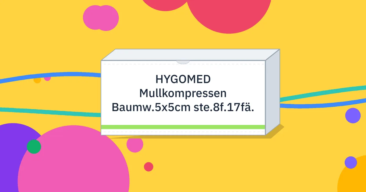 Symbolbild: Packung mit der Aufschrift HYGOMED Mullkompressen Baumw.5x5cm ste.8f.17fä. (PZN 20383210) – Verfügbarkeit und Bezug in Apotheken in Frankfurt am Main
