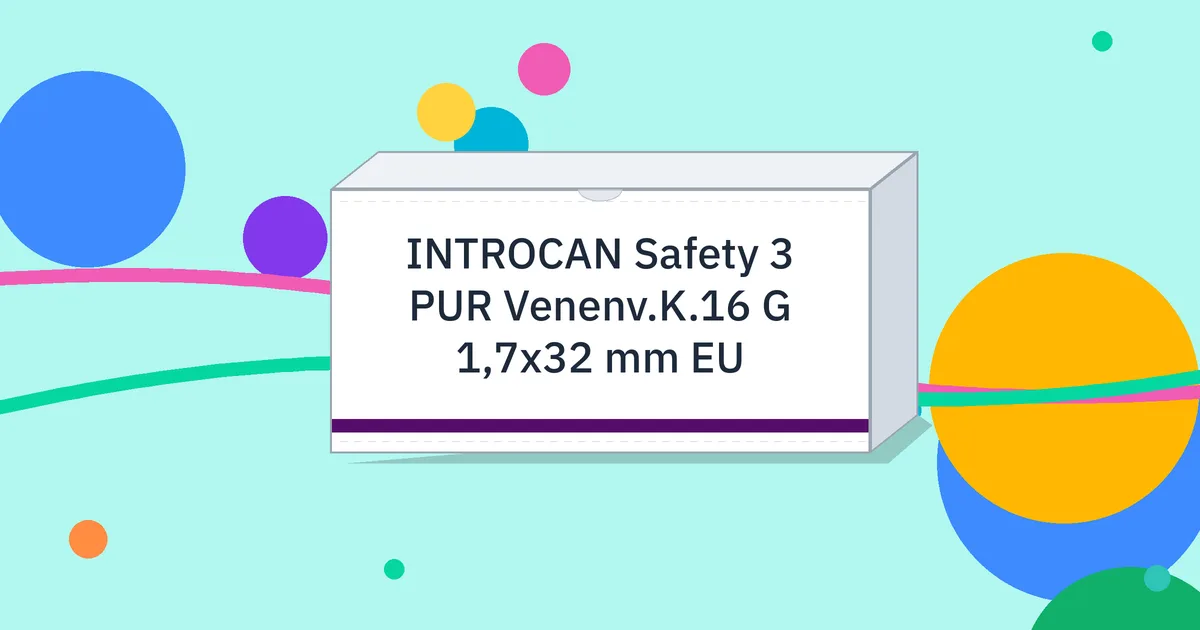 Symbolbild: Packung mit der Aufschrift INTROCAN Safety 3 PUR Venenv.K.16 G 1,7x32 mm EU (PZN 12644205) – Verfügbarkeit und Bezug in Apotheken in Frankfurt am Main