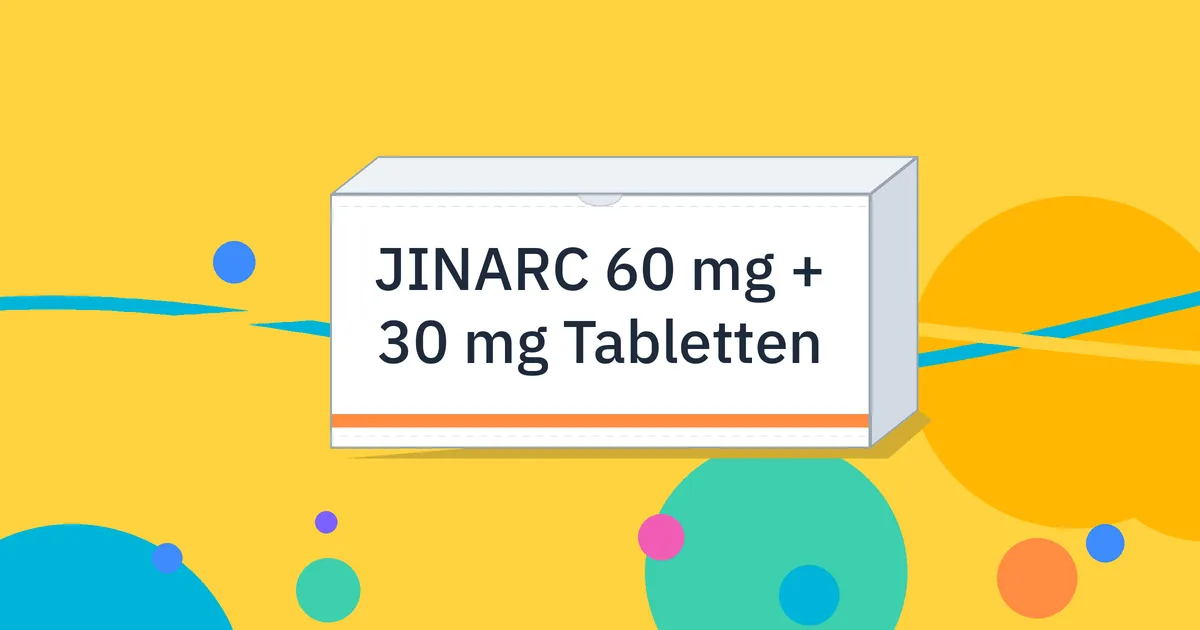 Symbolbild: Packung mit der Aufschrift JINARC 60 mg + 30 mg Tabletten (PZN 20780655) – Verfügbarkeit und Bezug in Apotheken in Frankfurt am Main