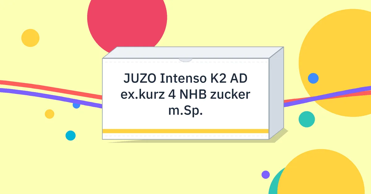 Symbolbild: Packung mit der Aufschrift JUZO Intenso K2 AD ex.kurz 4 NHB zucker m.Sp. (PZN 18611336) – Verfügbarkeit und Bezug in Apotheken in Frankfurt am Main
