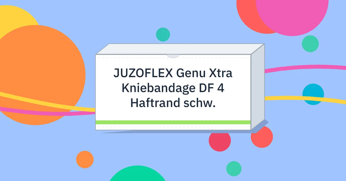 Symbolbild: Packung mit der Aufschrift JUZOFLEX Genu Xtra Kniebandage DF 4 Haftrand schw. (PZN 16497304) – Verfügbarkeit und Bezug in Apotheken in Frankfurt am Main