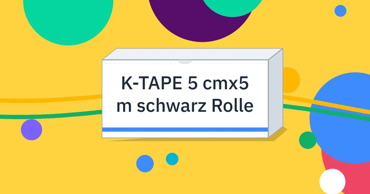 Symbolbild: Packung mit der Aufschrift K-TAPE 5 cmx5 m schwarz Rolle (PZN 17455319) – Verfügbarkeit und Bezug in Apotheken in Frankfurt am Main