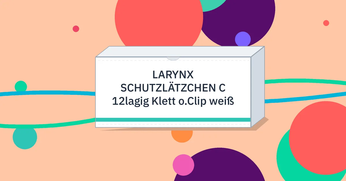 Symbolbild: Packung mit der Aufschrift LARYNX SCHUTZLÄTZCHEN C 12lagig Klett o.Clip weiß (PZN 00140439) – Verfügbarkeit und Bezug in Apotheken in Frankfurt am Main