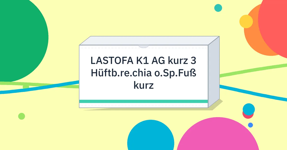 Symbolbild: Packung mit der Aufschrift LASTOFA K1 AG kurz 3 Hüftb.re.chia o.Sp.Fuß kurz (PZN 13797968) – Verfügbarkeit und Bezug in Apotheken in Frankfurt am Main