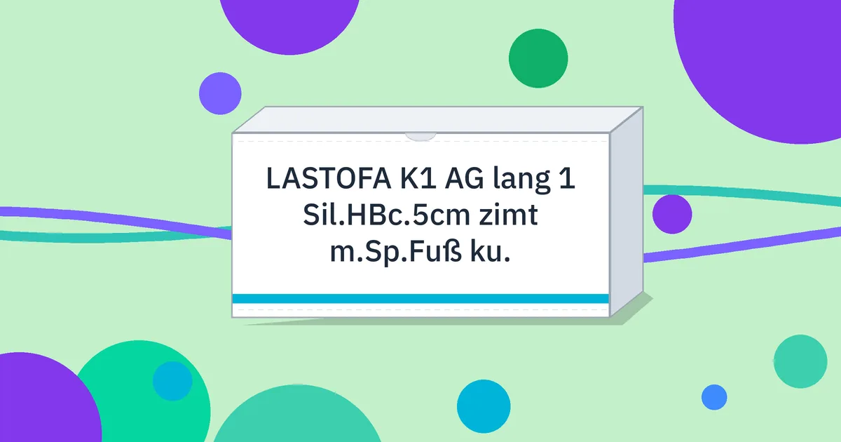 Symbolbild: Packung mit der Aufschrift LASTOFA K1 AG lang 1 Sil.HBc.5cm zimt m.Sp.Fuß ku. (PZN 13788627) – Verfügbarkeit und Bezug in Apotheken in Frankfurt am Main