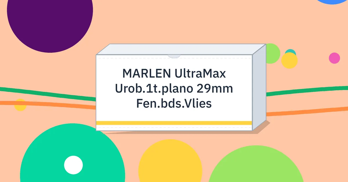 Symbolbild: Packung mit der Aufschrift MARLEN UltraMax Urob.1t.plano 29mm Fen.bds.Vlies (PZN 05354398) – Verfügbarkeit und Bezug in Apotheken in Frankfurt am Main