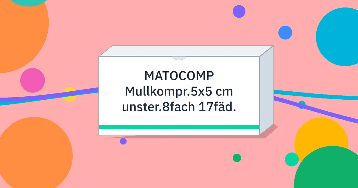 Symbolbild: Packung mit der Aufschrift MATOCOMP Mullkompr.5x5 cm unster.8fach 17fäd. (PZN 00925258) – Verfügbarkeit und Bezug in Apotheken in Frankfurt am Main
