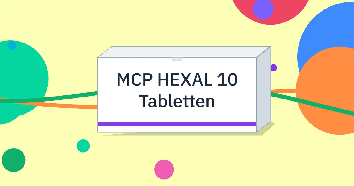 Symbolbild: Packung mit der Aufschrift MCP HEXAL 10 Tabletten (PZN 07553334) – Verfügbarkeit und Bezug in Apotheken in Frankfurt am Main