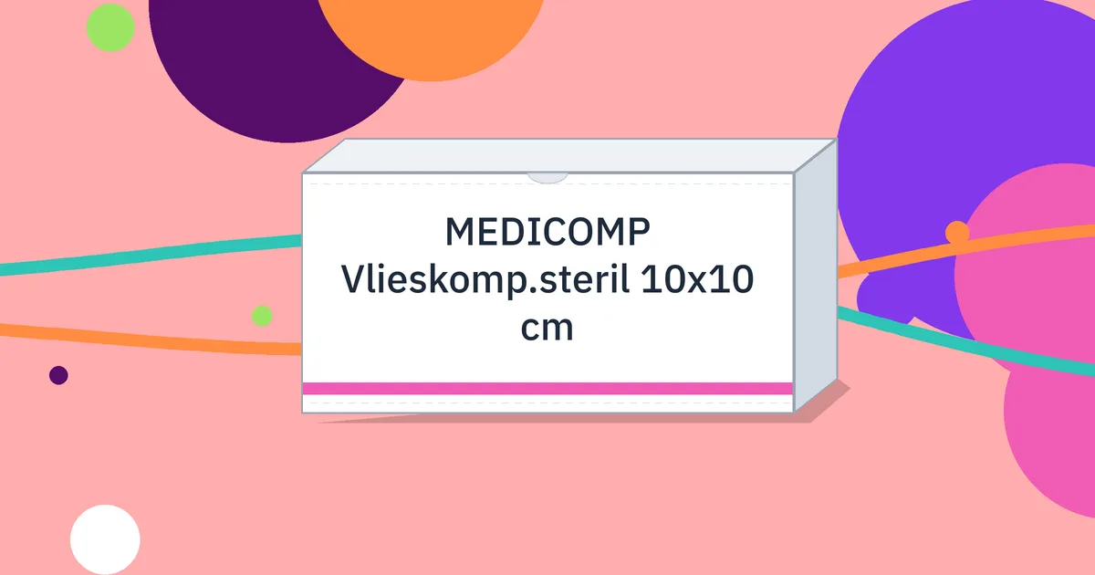Symbolbild: Packung mit der Aufschrift MEDICOMP Vlieskomp.steril 10x10 cm (PZN 12593904) – Verfügbarkeit und Bezug in Apotheken in Frankfurt am Main